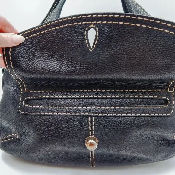 Tod's Shoulder Bag Black Baguette Purse Pebble Leather Button Front Pocket